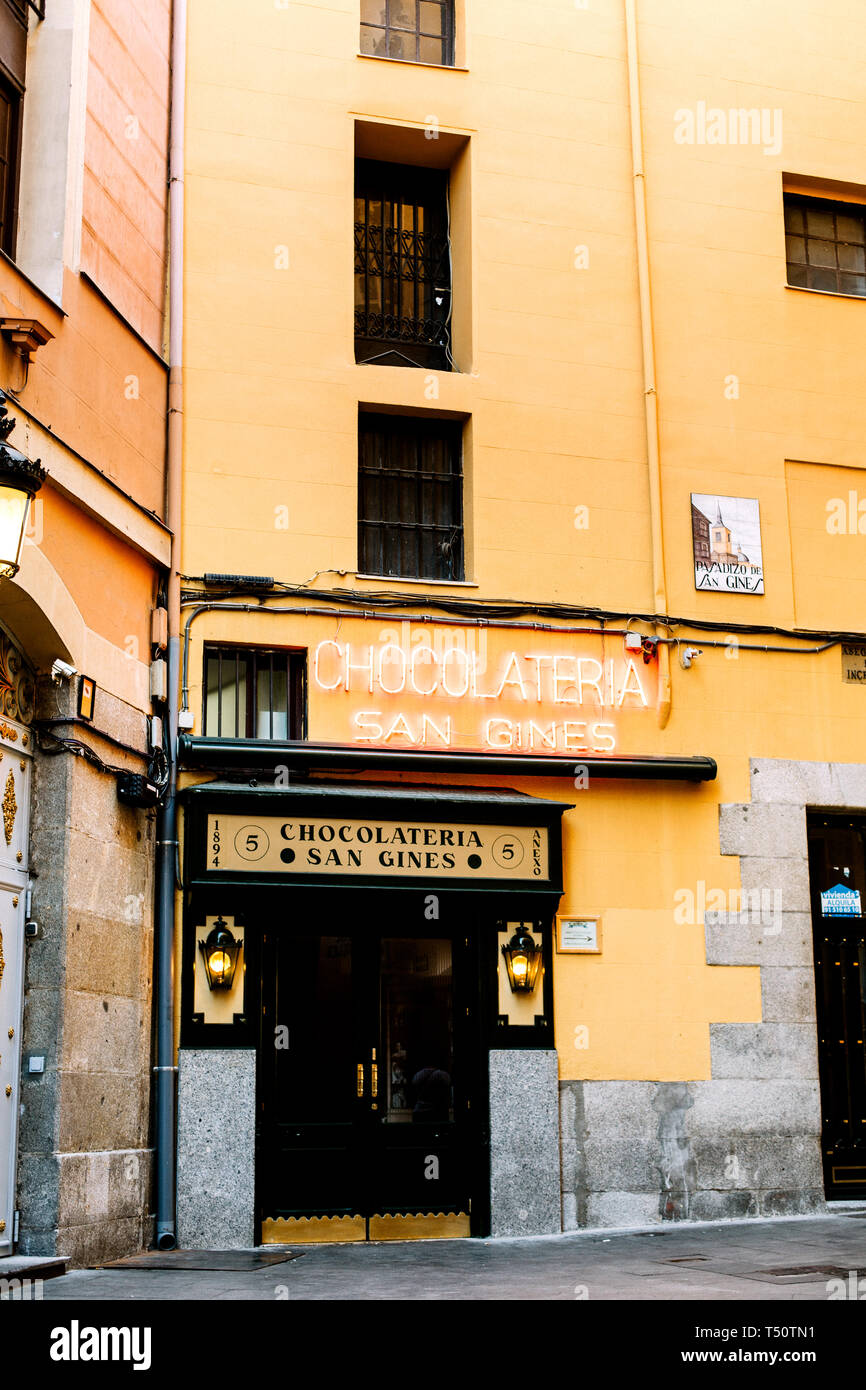 Exterior of the San Gines Chocolateria in Madrid where famous churros ...