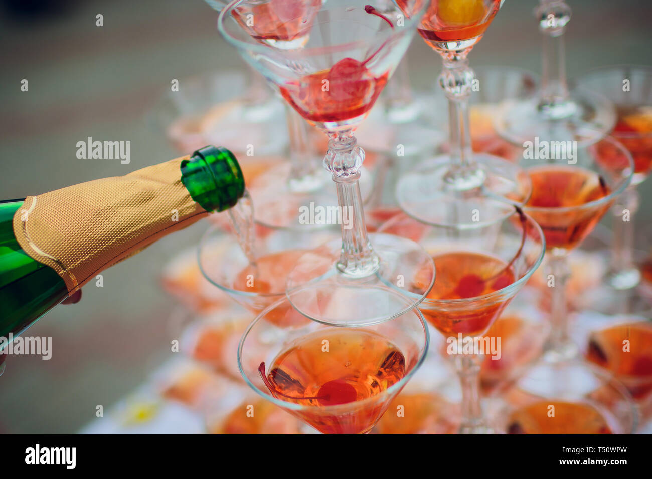 Champagne glass pyramid. Pyramid of glasses of wine, champagne, tower ...
