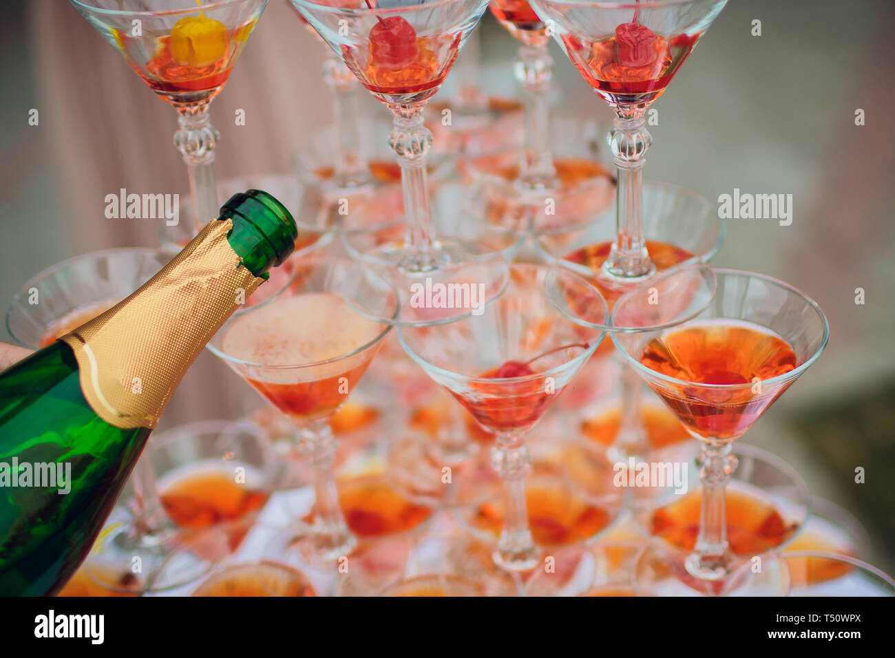 Champagne glass pyramid. Pyramid of glasses of wine, champagne, tower ...