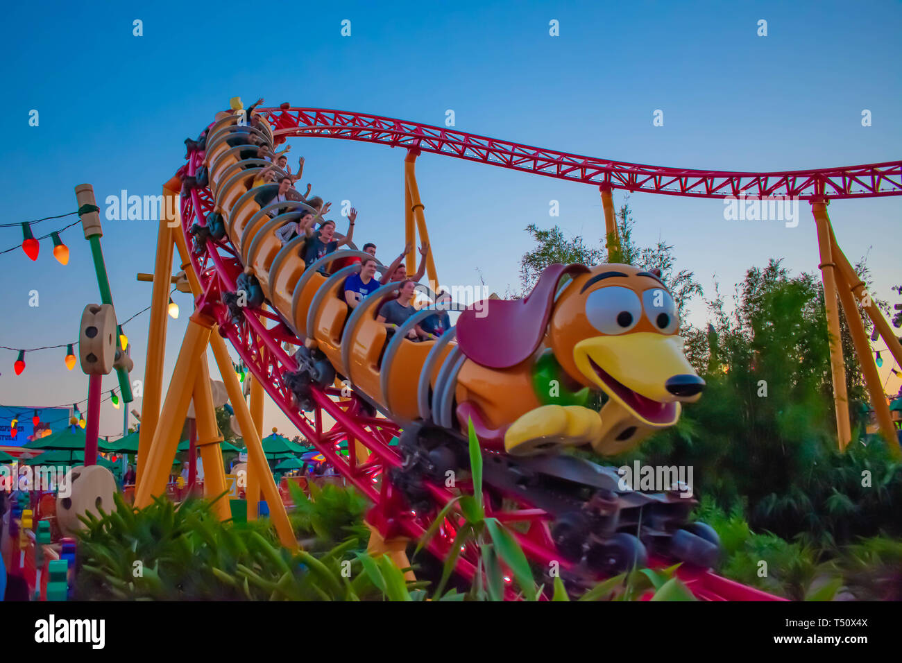 Orlando, Florida, March 27, 2019. Slinky Dog Dash rollercoaster in ...