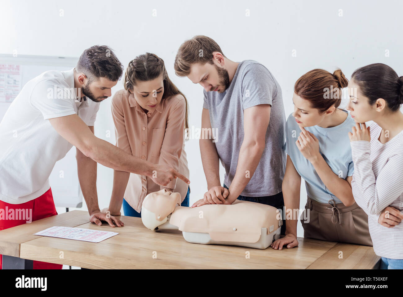 group of people with instructor performing cpr on dummy during first ...