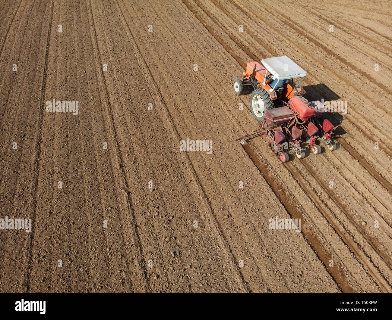 Aerial view of a tractor plowing the fields, plowing, sowing, harvest ...