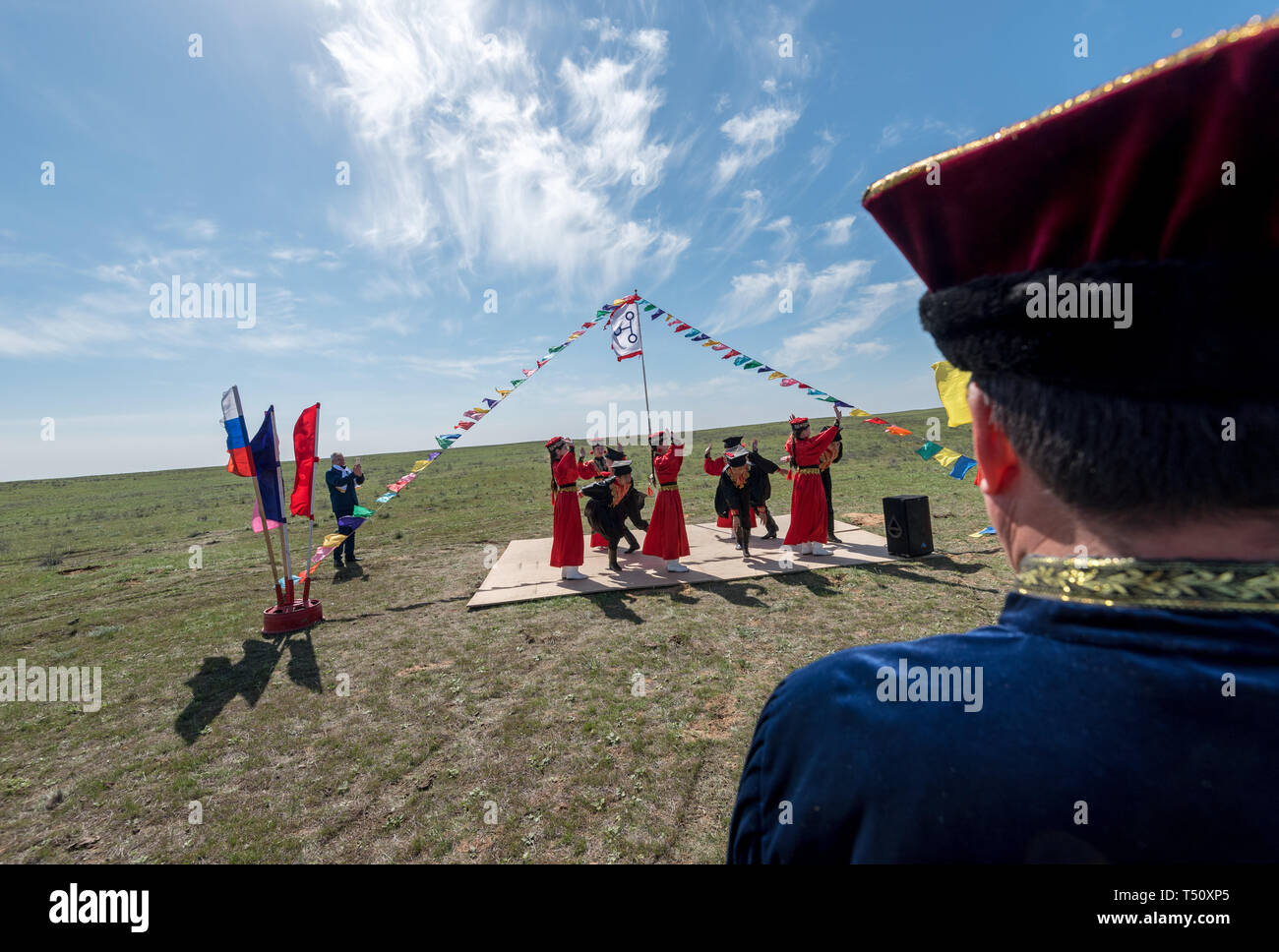 Kalmyk meeting ceremony and Kalmyk national ethnic dance in the steppe ...