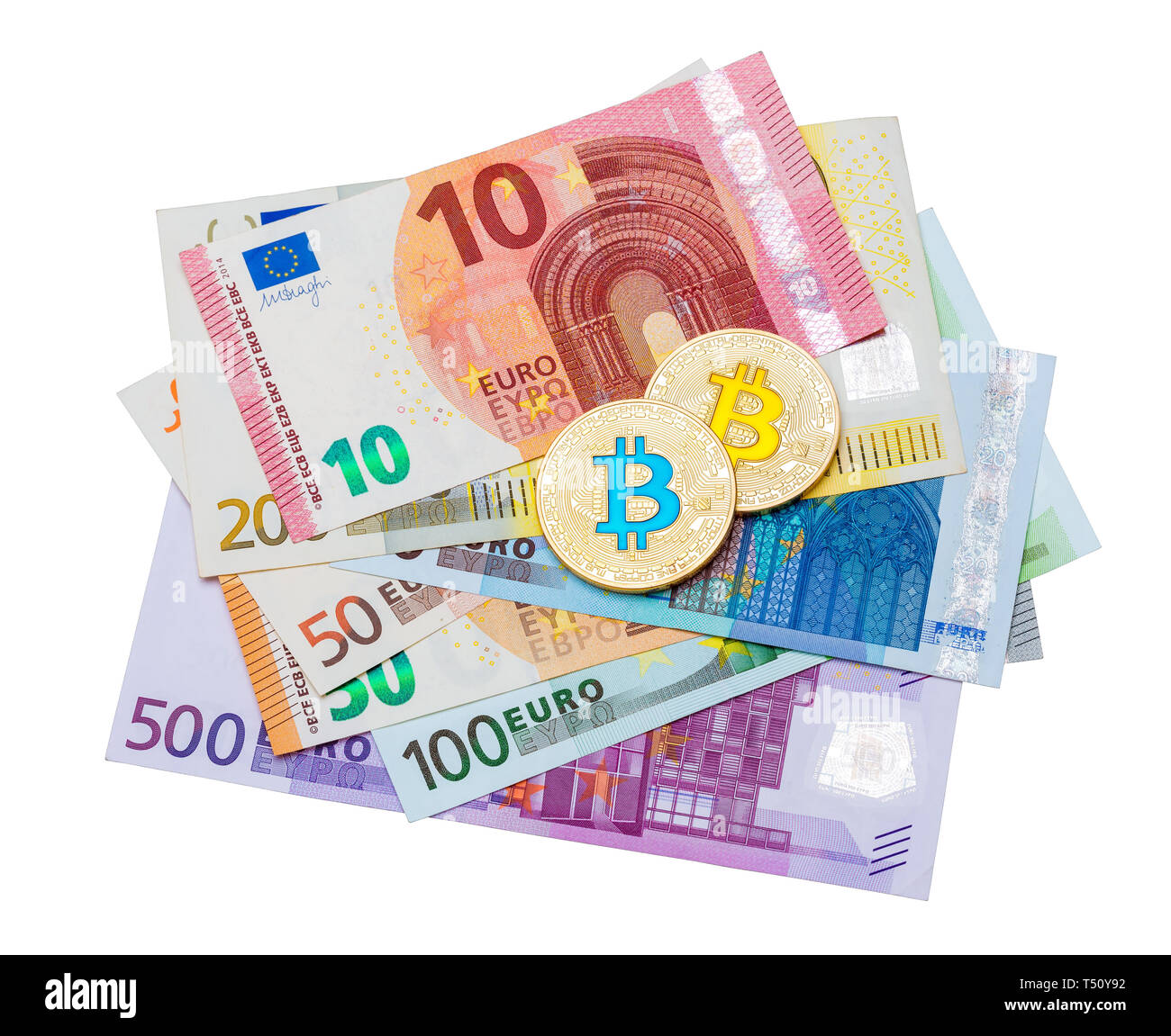 Golden blue and yellow bitcoin and euro banknote on white background ...