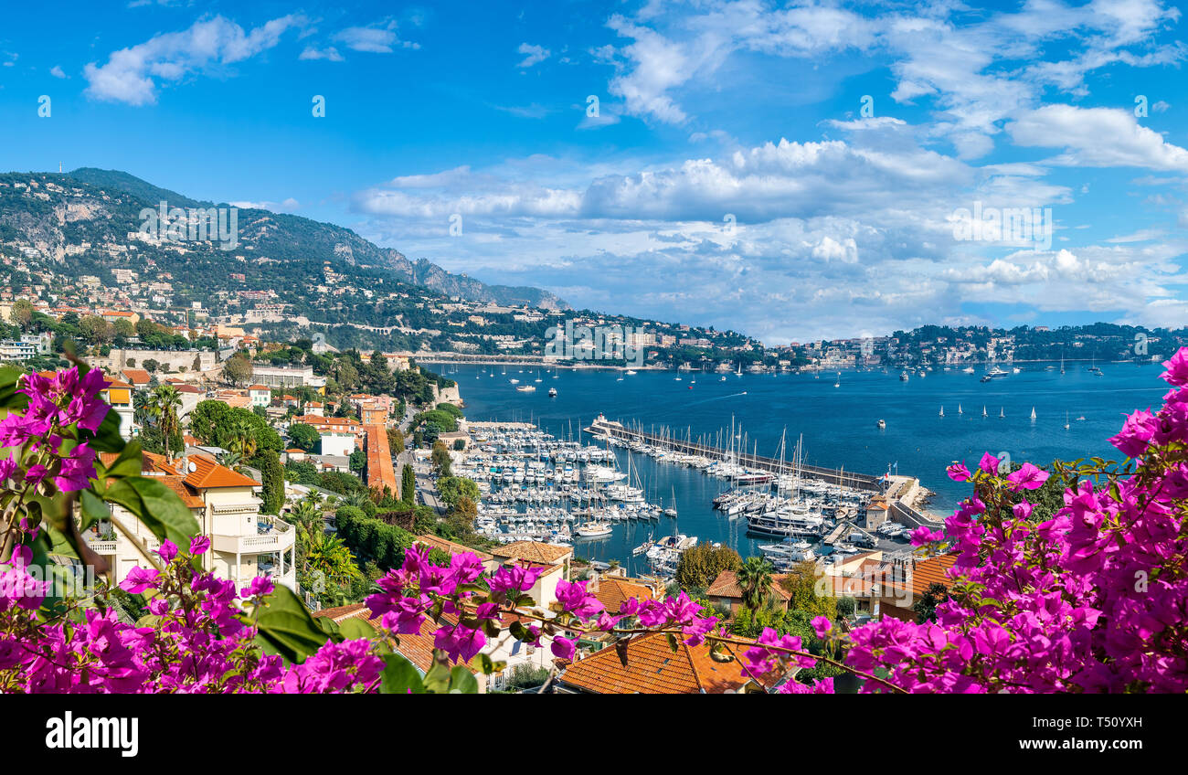 Aerial view of French Riviera coast with medieval town Villefranche sur ...
