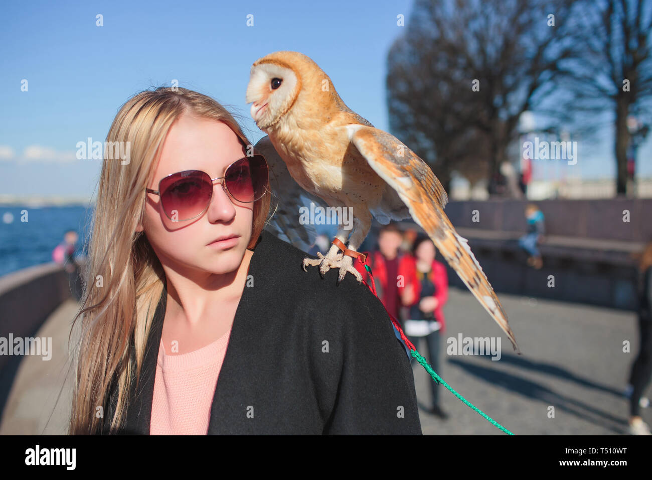Beautiful woman with an owl on arm. Blonde with long hair in nature ...