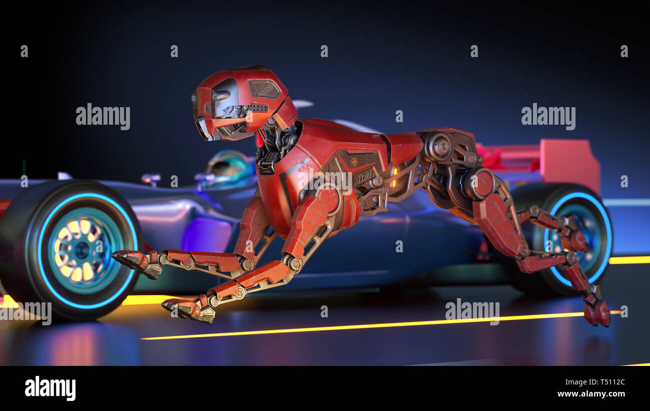 Red robot dog is racing with sport car. 3D illustration Stock Photo - Alamy