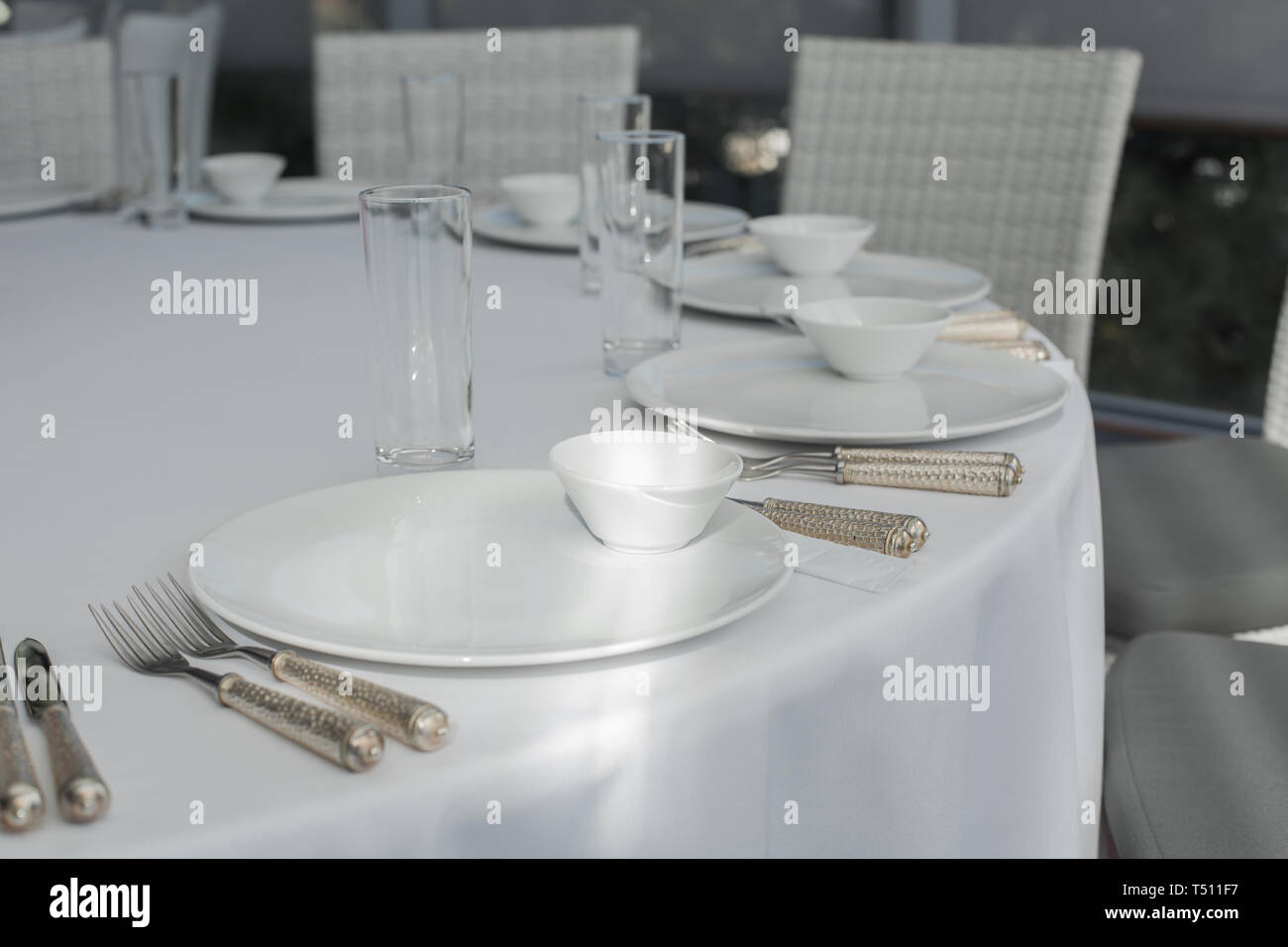 Event white restaurant table served and wait for guests Stock Photo - Alamy