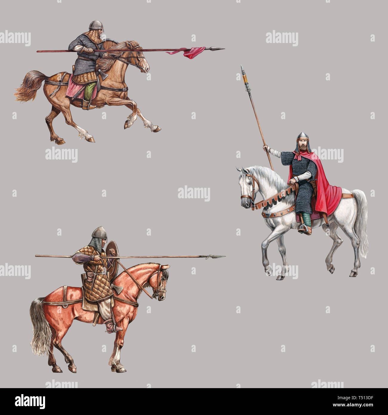 Medieval mounted knights illustration. Knight on horseback. Set of 3 ...