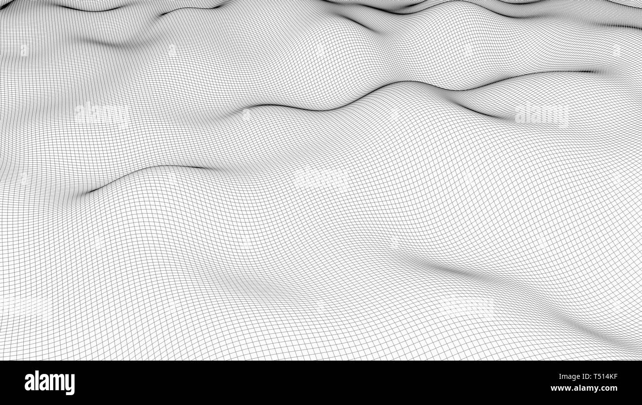 Wavy wireframe with black lines, liquid surface imitation, 3d render ...