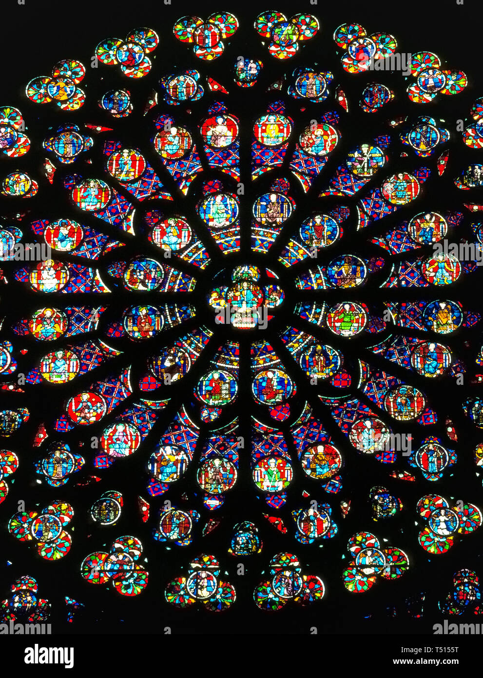 A close-up interior view of one of the three beautiful rose windows in ...