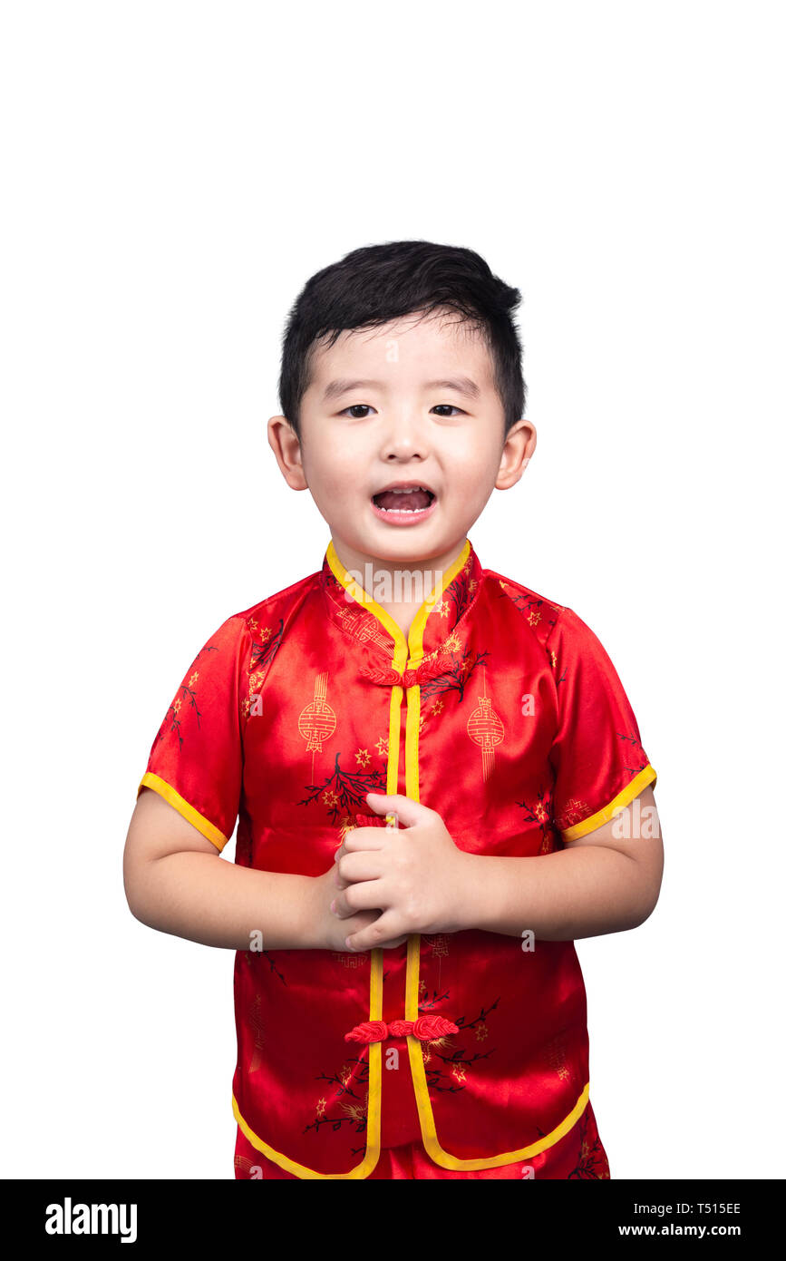 Chinese New Year Concept, Cute Asian boy in red traditional Chinese ...