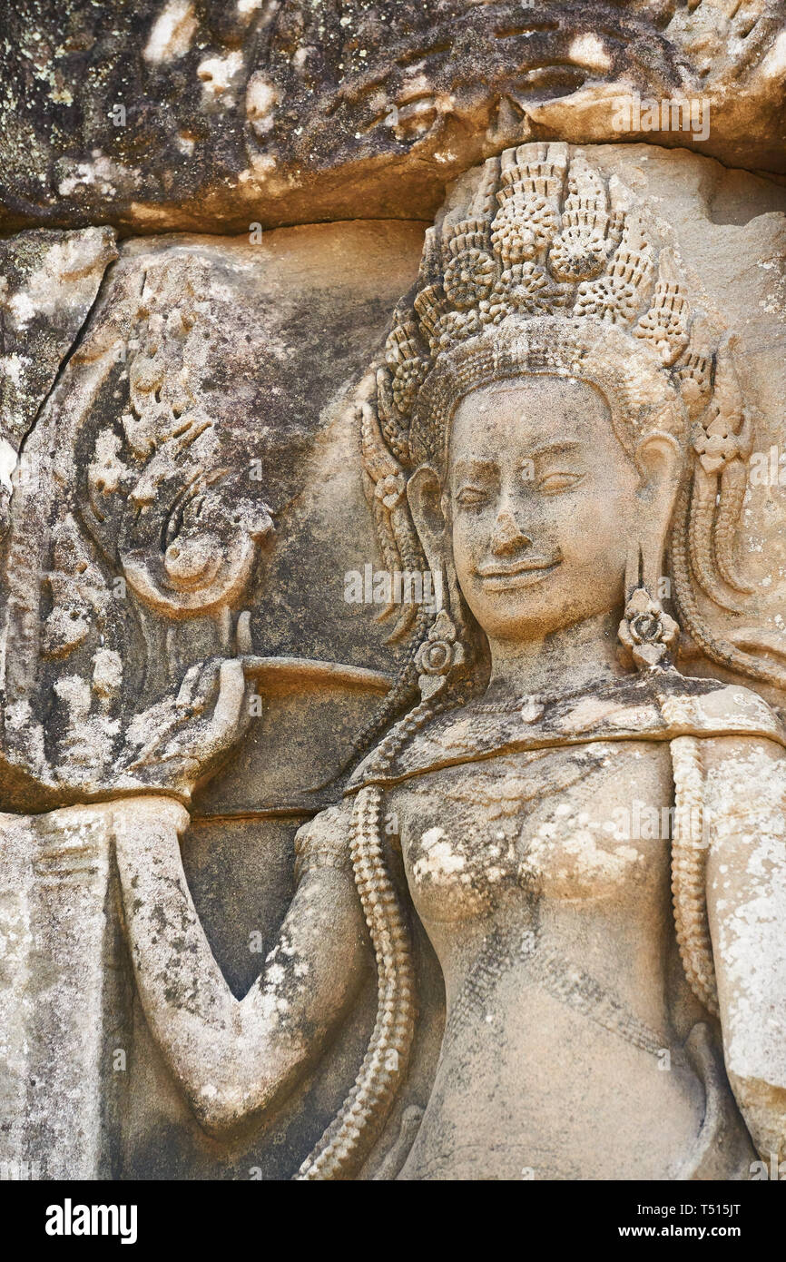 Apsara (apsaras) bas-relief in sandstone, engraved at Bayon, the ...
