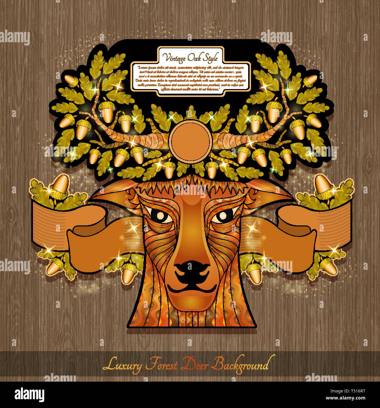 deer head with horns from oak branches shiny banner on wood background ...