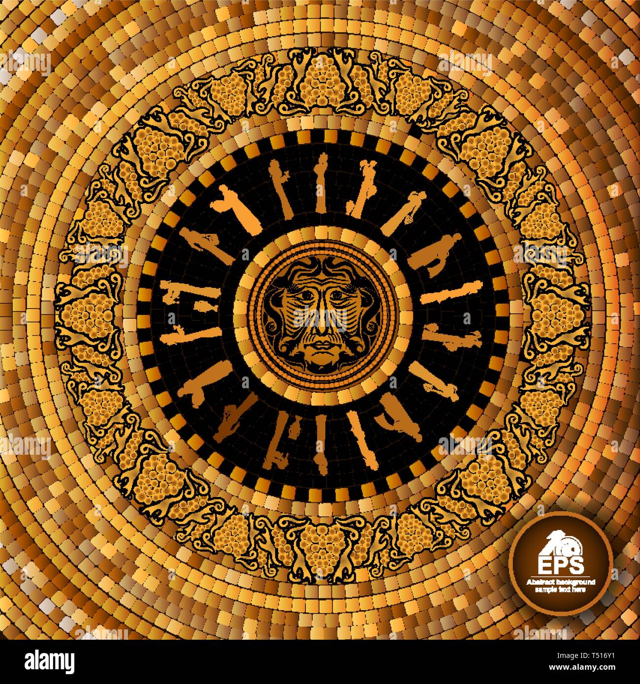 Round greek tile geometric background with grapes and wine maker ...