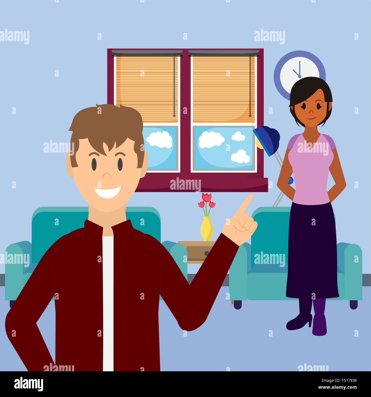 Couple woman and man smiling inside home vector illustration graphic ...