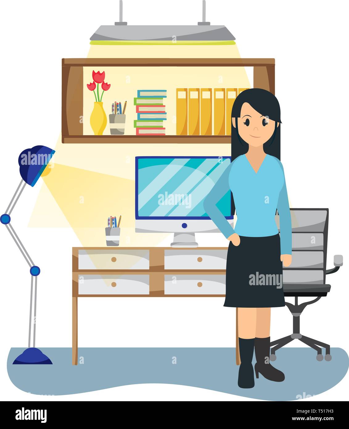 Businesswoman working inside office scenery cartoon vector illustration ...