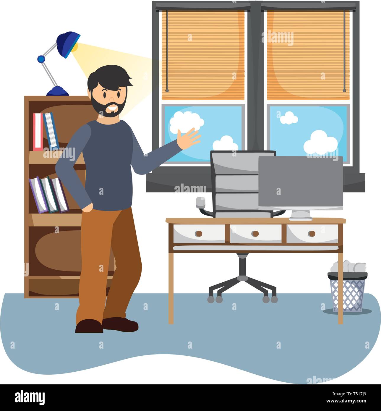 Businessman working inside office cartoon scenery vector illustration ...