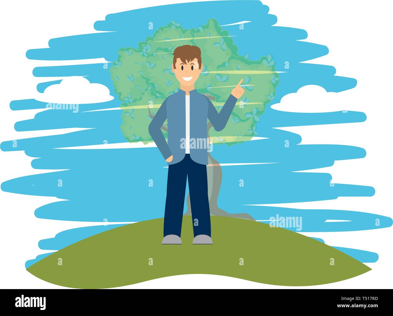Young man smiling cartoon at nature park outdoors vector illustration ...