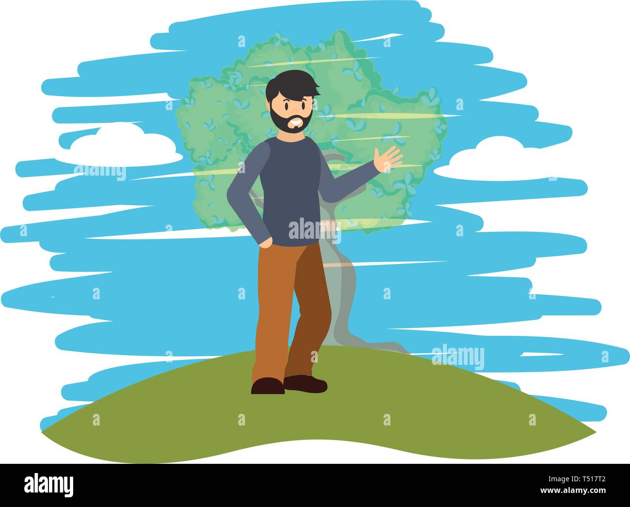 Young man smiling cartoon at nature park outdoors vector illustration ...