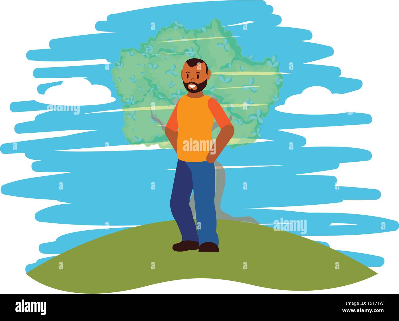 Young man smiling cartoon at nature park outdoors vector illustration ...