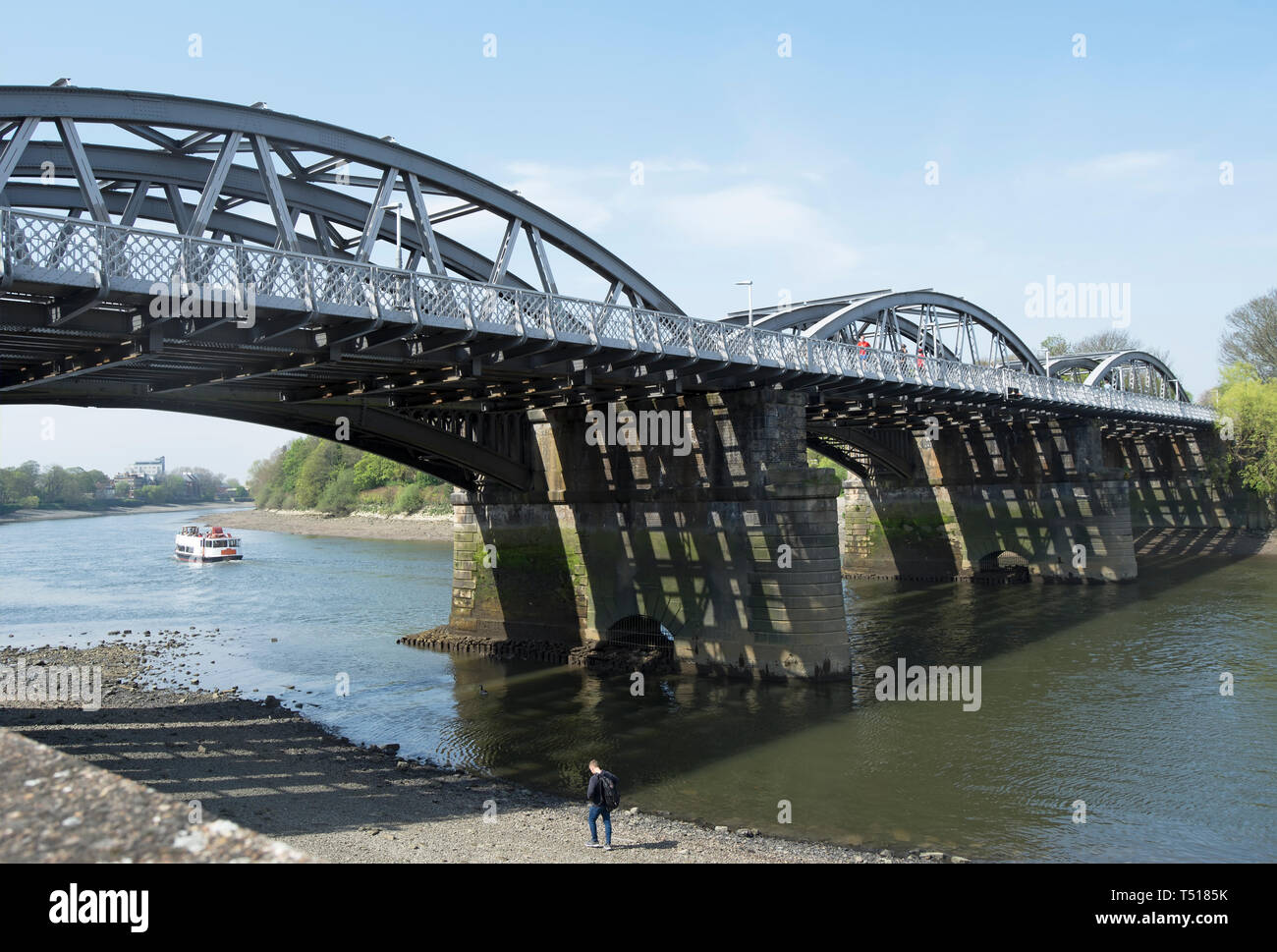 young man walks on the river thames foreshore dwarfed by barnes rail ...