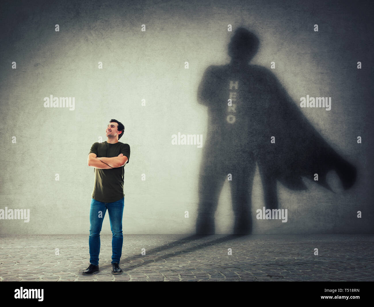 Casual man, keeps arms crossed smiling confident, casting a superhero ...