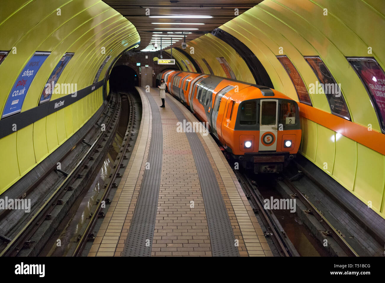 A outer circle train arrives at West Street subway station on the SPT ...