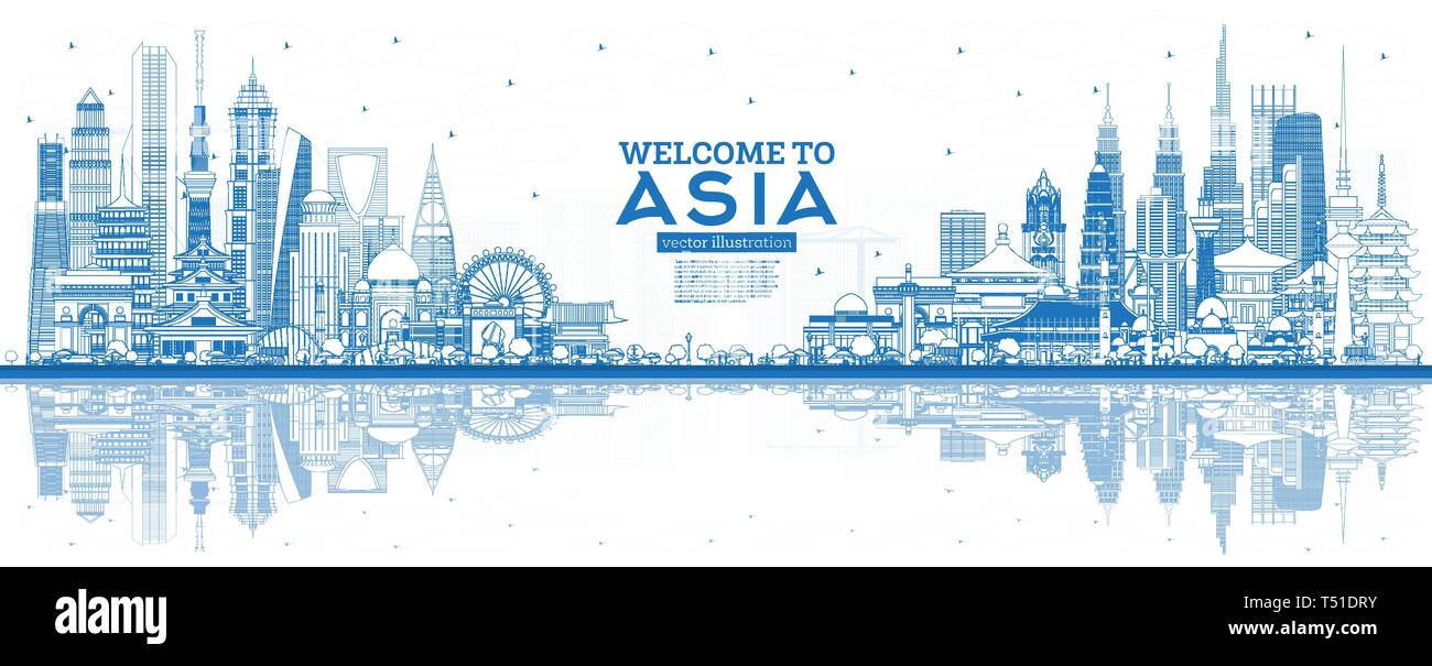 Outline Welcome to Asia Skyline with Blue Buildings. Vector ...