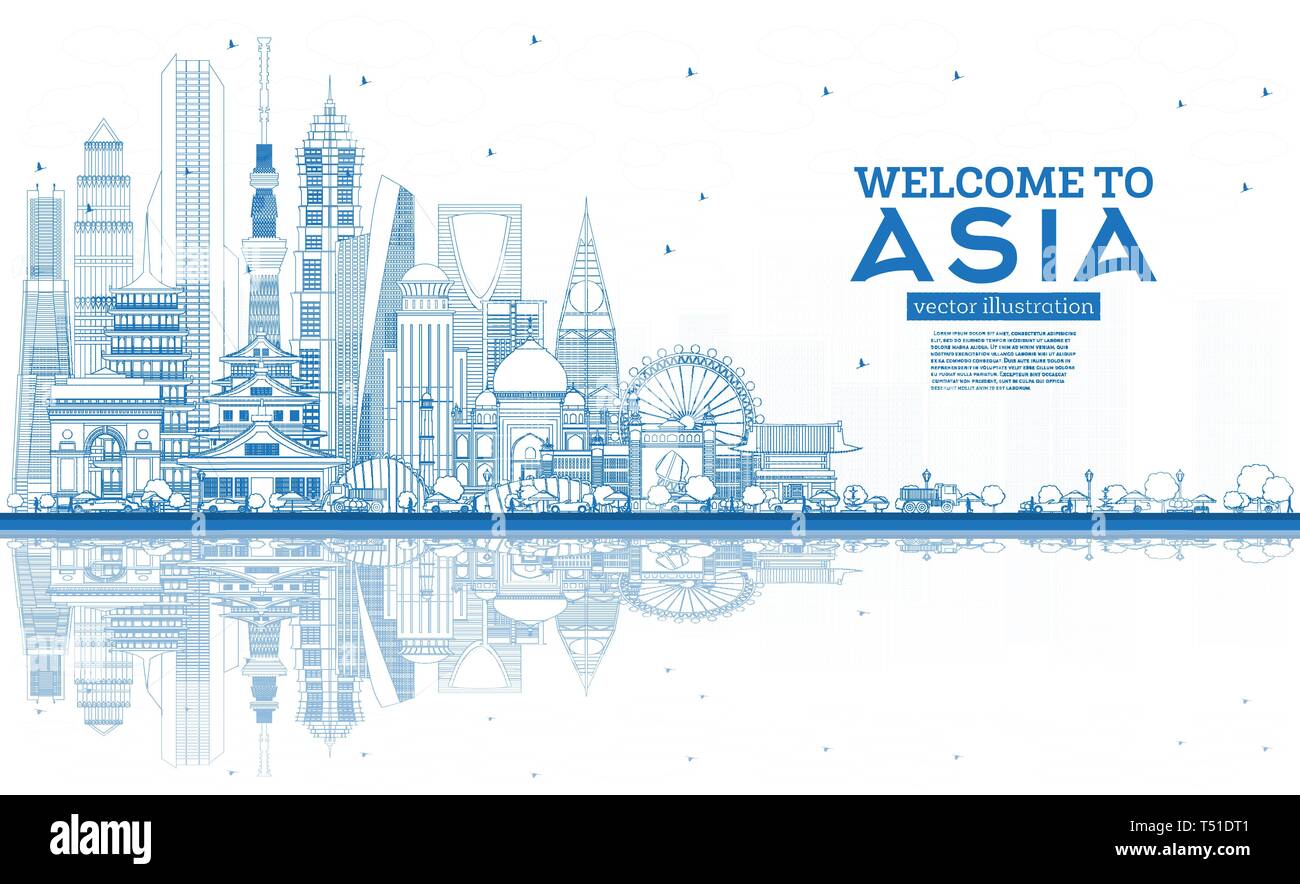 Outline Welcome to Asia Skyline with Blue Buildings. Vector ...