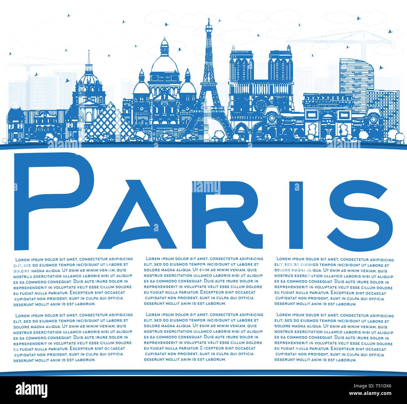 Outline Paris France City Skyline with Blue Buildings and Copy Space ...