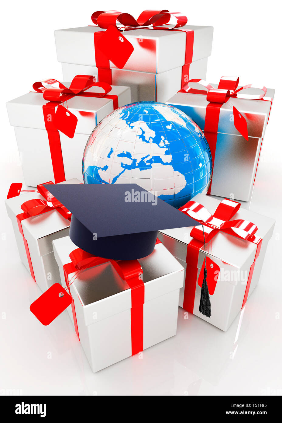 graduation hat and gifts with earth on a white background Stock Photo ...