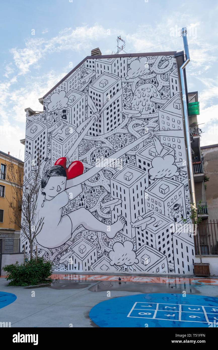 Mural by Millo, Italian Street artist, called Heart Slingshot, Milan ...