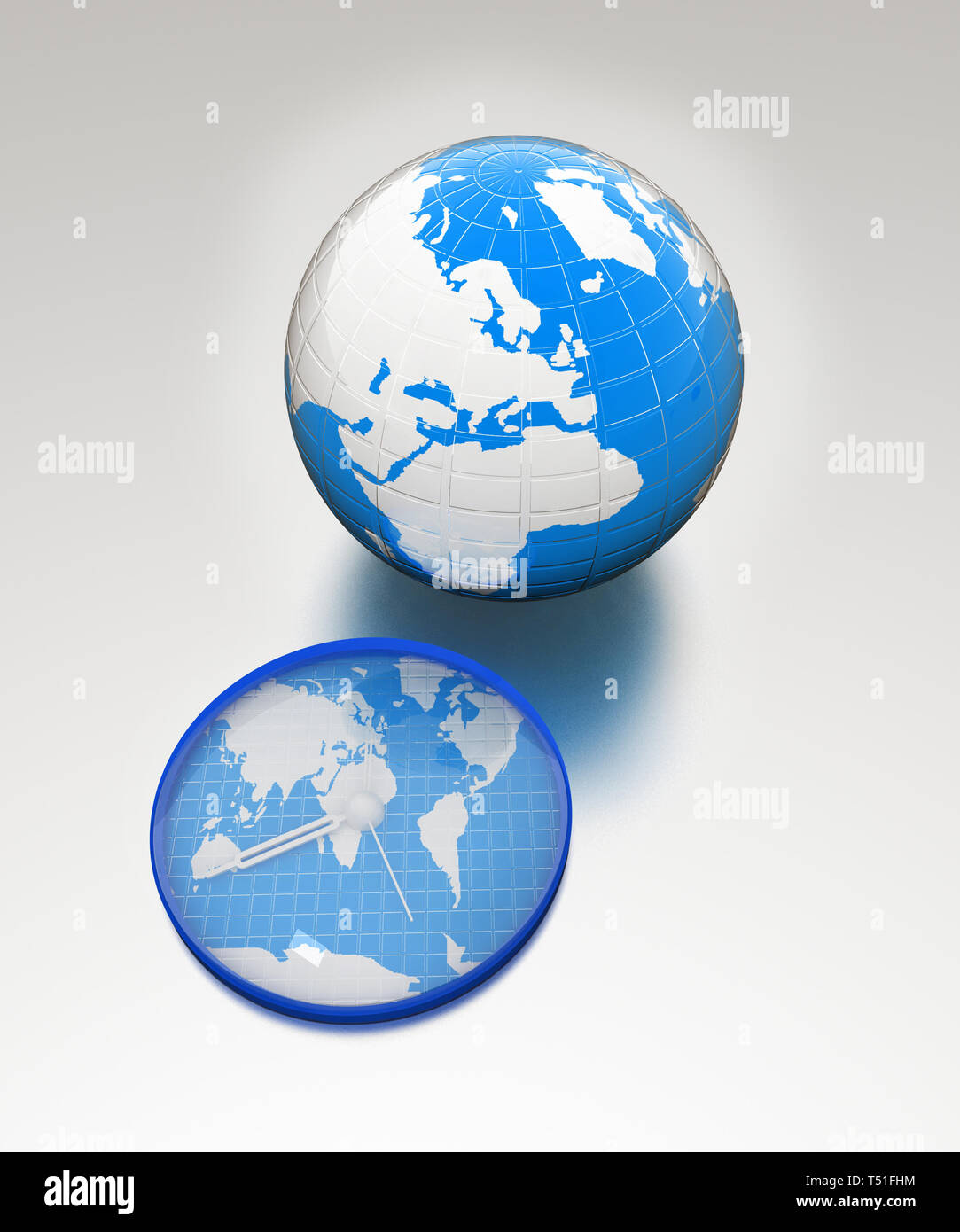 Clock of world map and earth on metallic background Stock Photo - Alamy