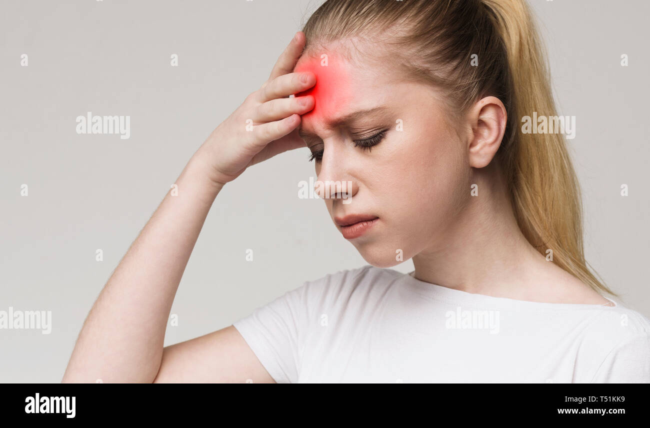 Brain diseases problem cause chronic severe headache. Young woman tired ...