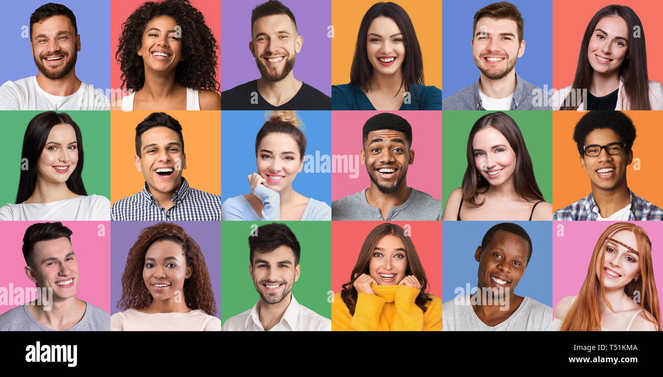 Portrait's collage. Young diverse people grimacing and gesturing at ...