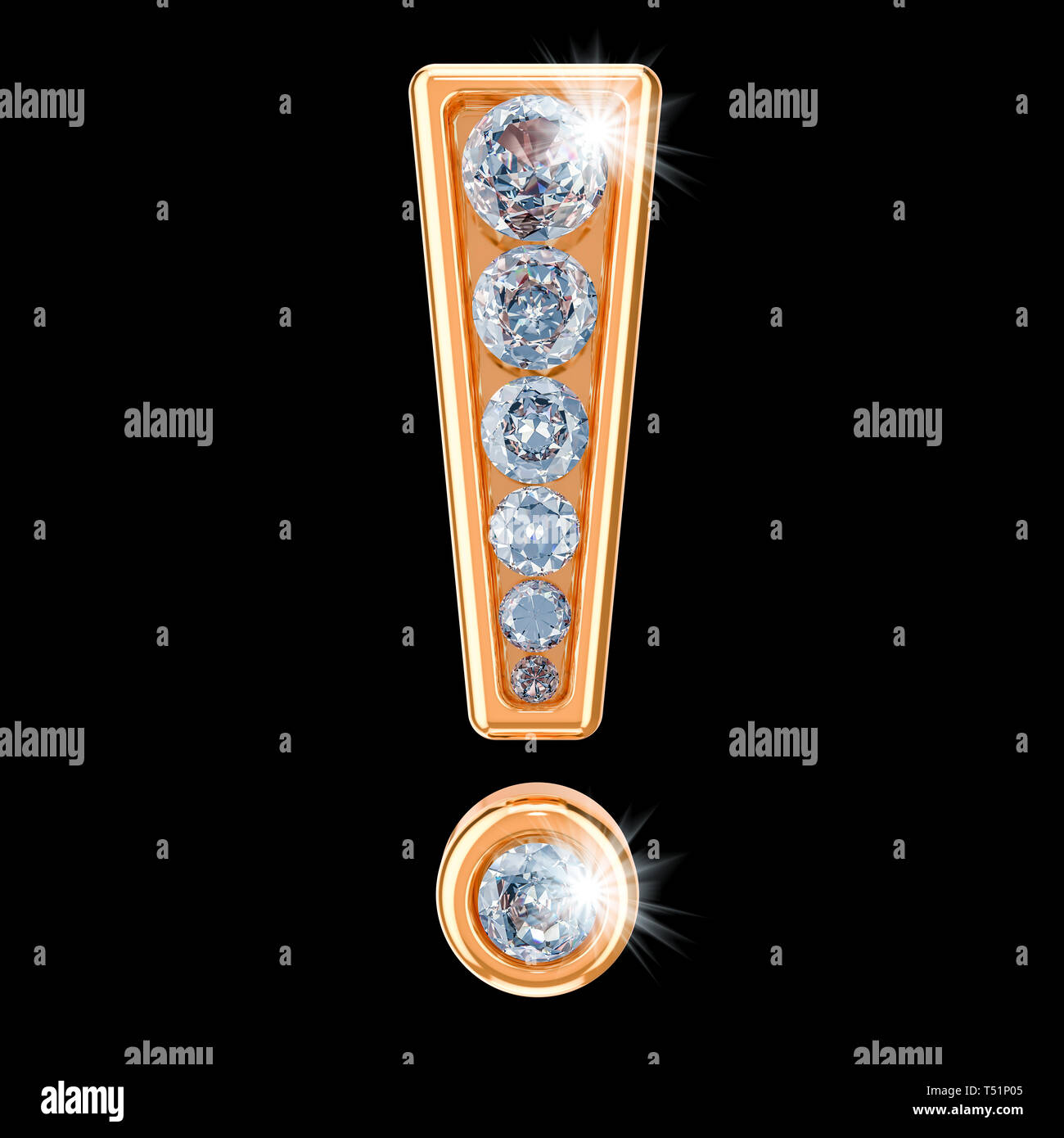 Golden exclamation mark with diamonds. 3D rendering isolated on black ...