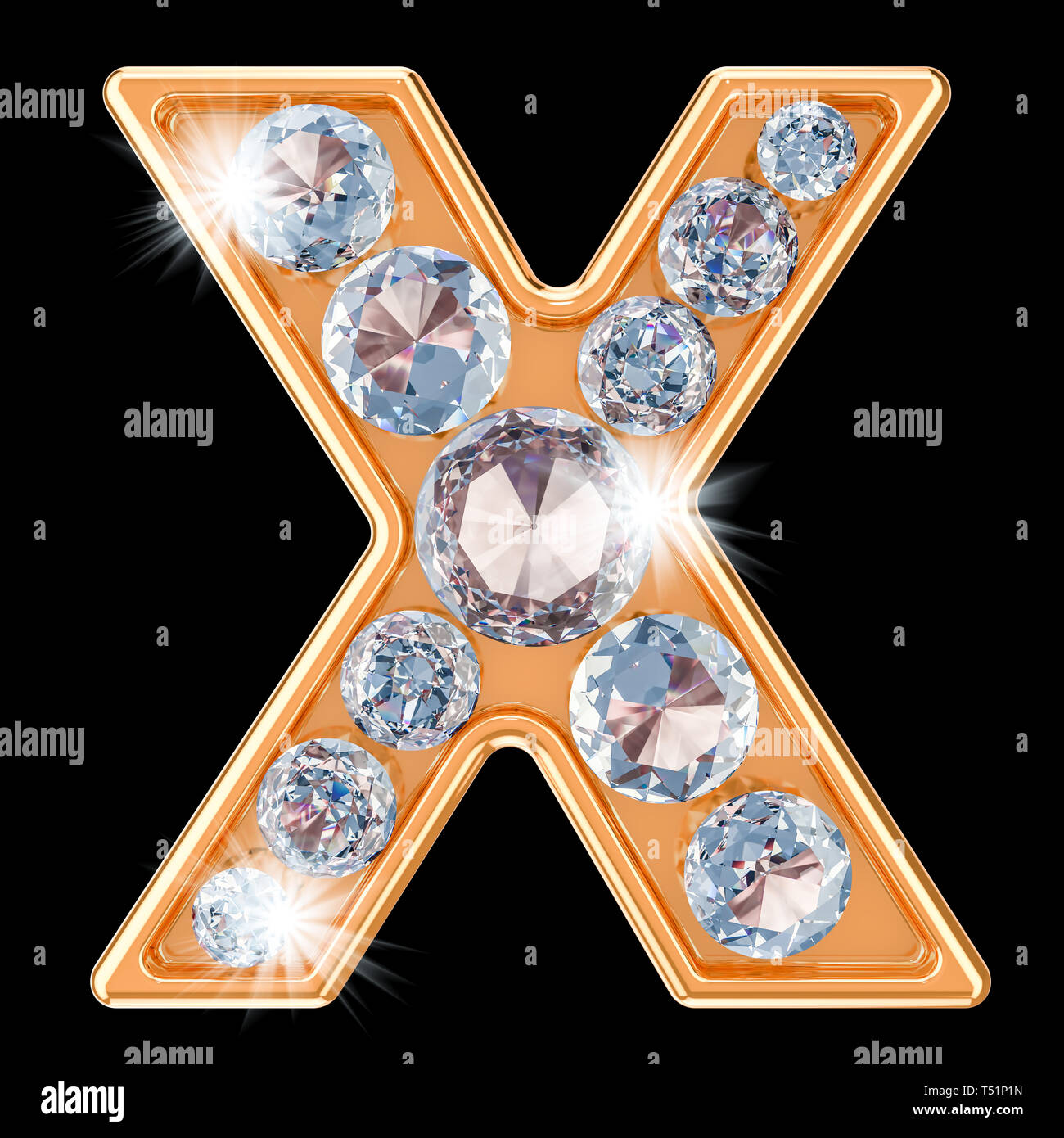 Golden letter X with diamonds. 3D rendering isolated on black ...