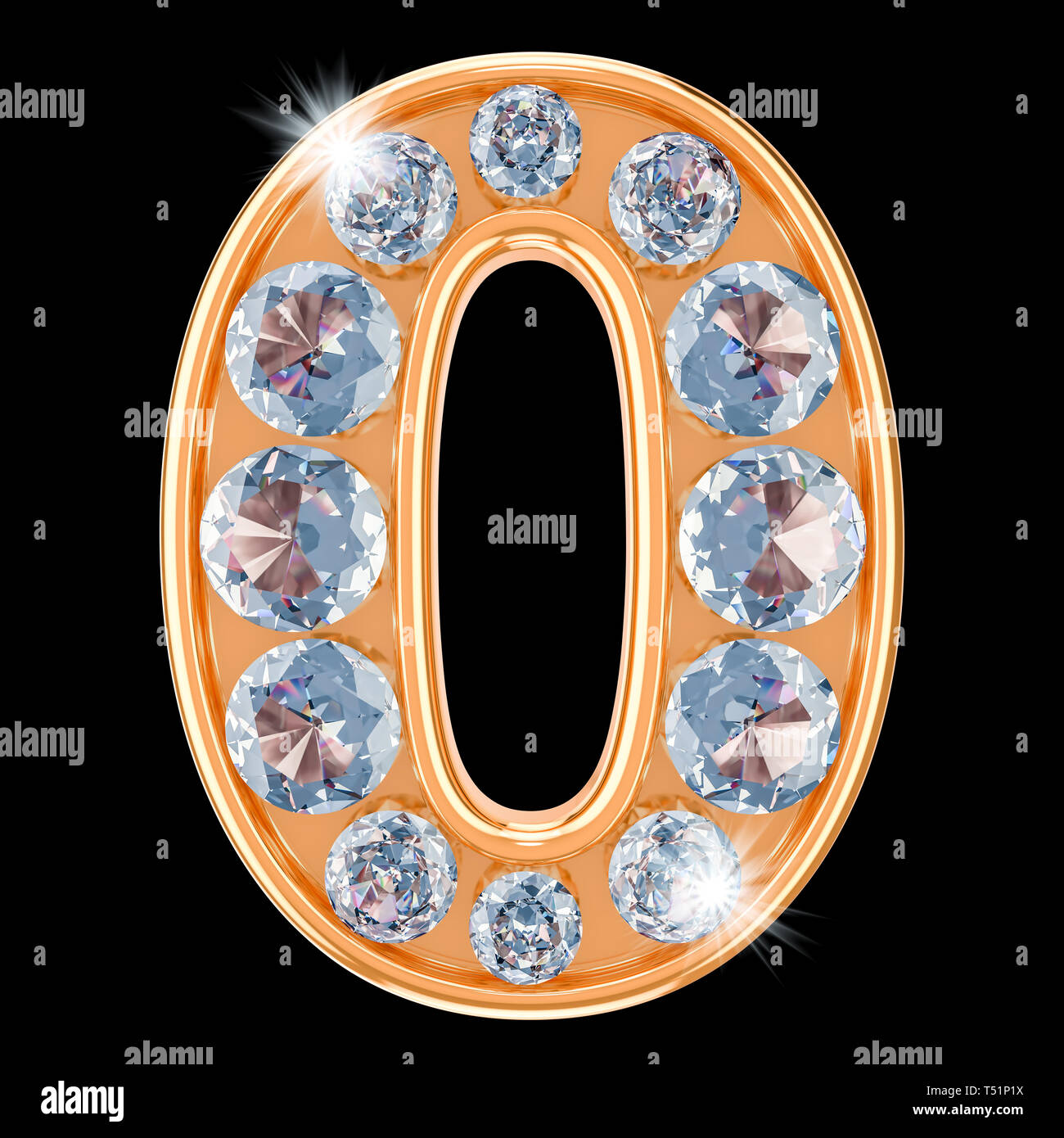 Golden number 0 with diamonds. 3D rendering isolated on black ...
