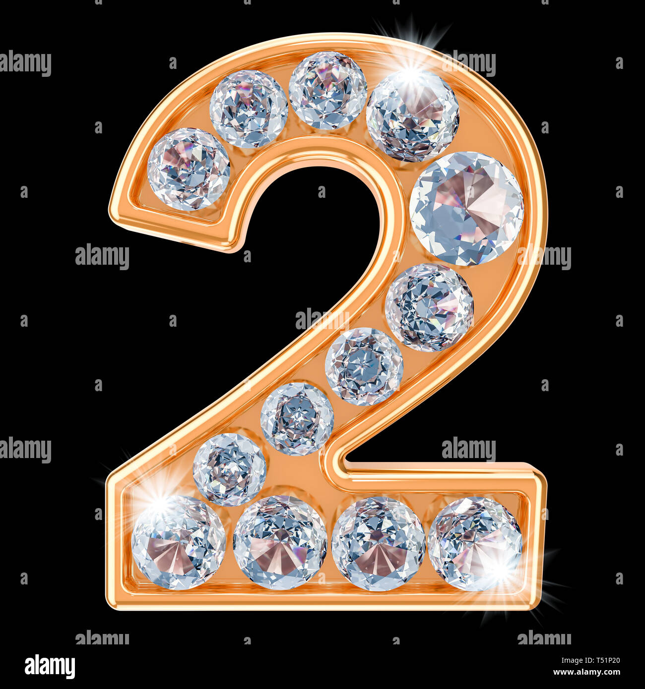 Golden number 2 with diamonds. 3D rendering isolated on black ...
