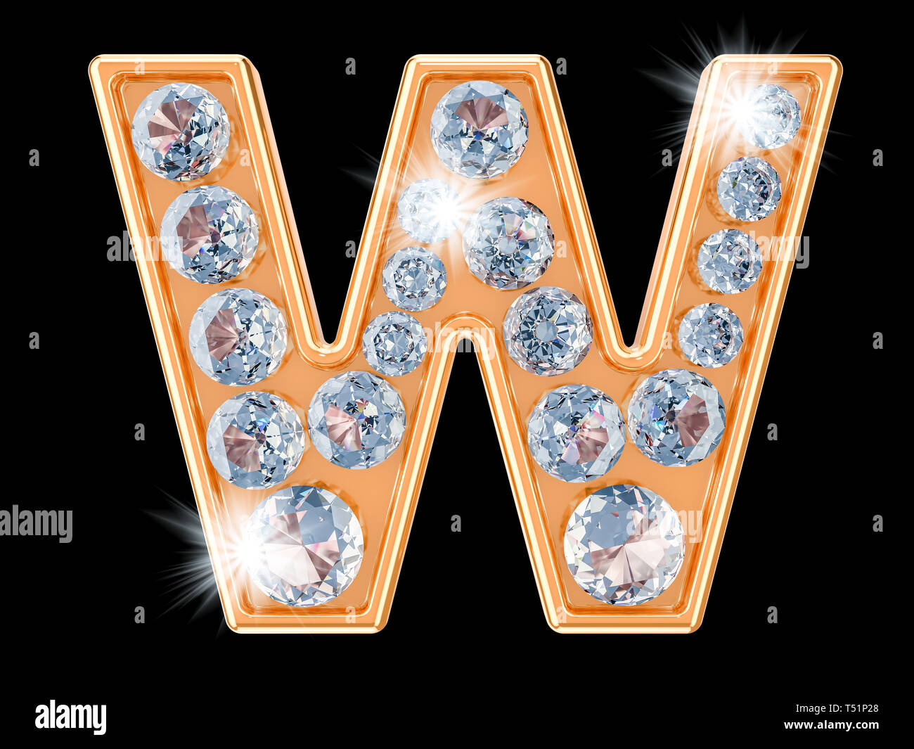 Golden letter W with diamonds. 3D rendering isolated on black ...