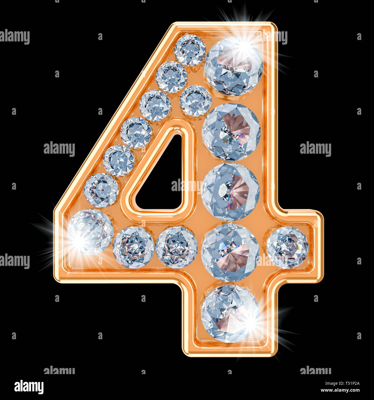 Golden number 4 with diamonds. 3D rendering isolated on black ...