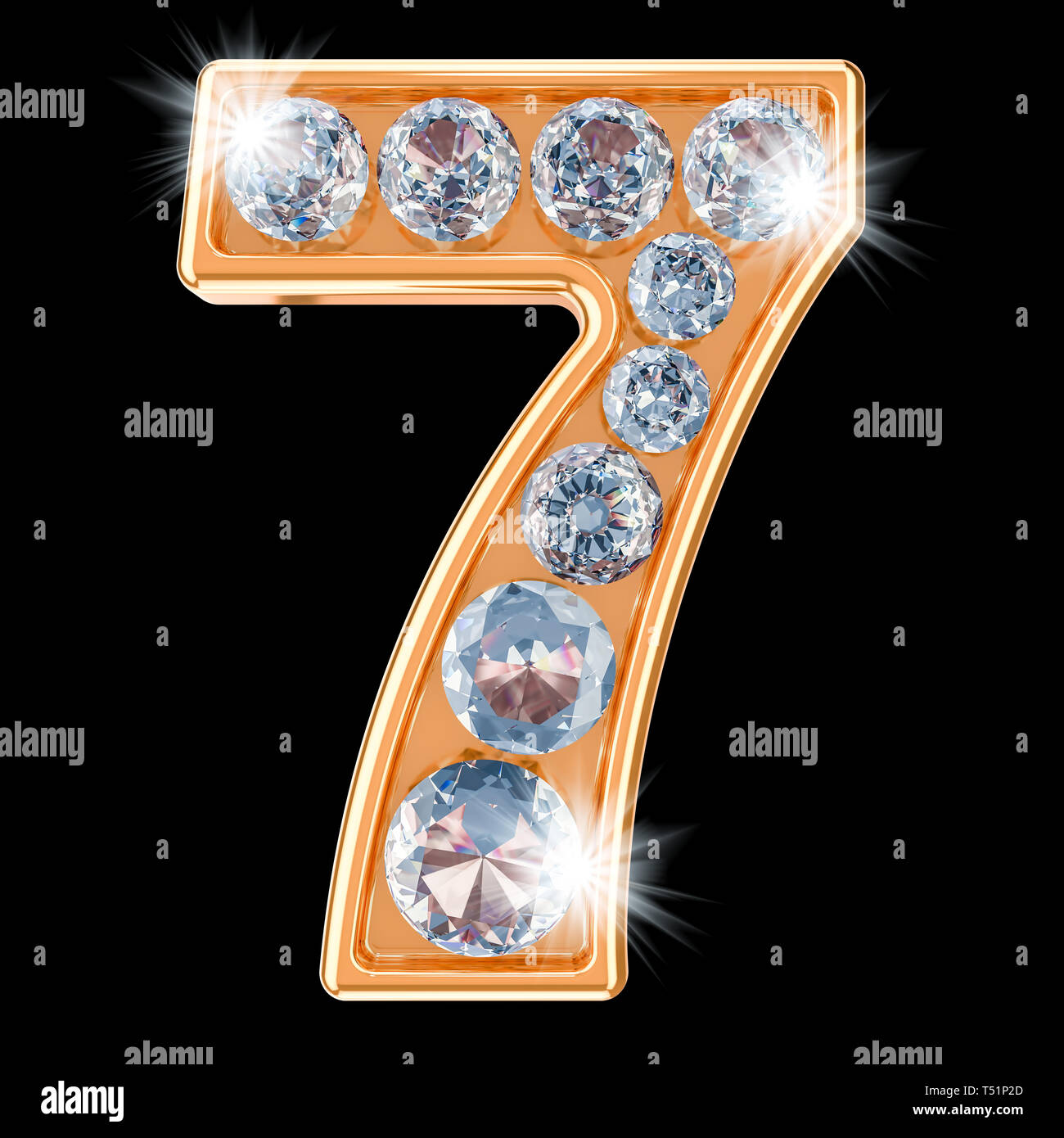 Golden number 7 with diamonds. 3D rendering isolated on black ...