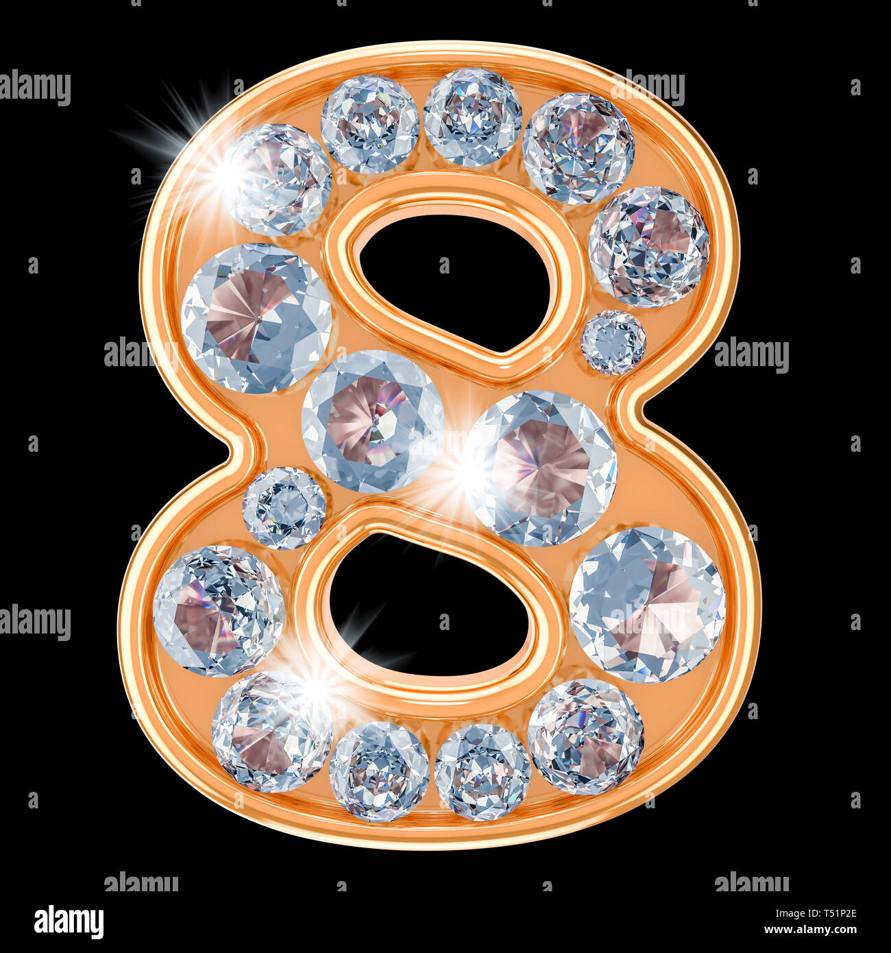 Golden number 8 with diamonds. 3D rendering isolated on black ...