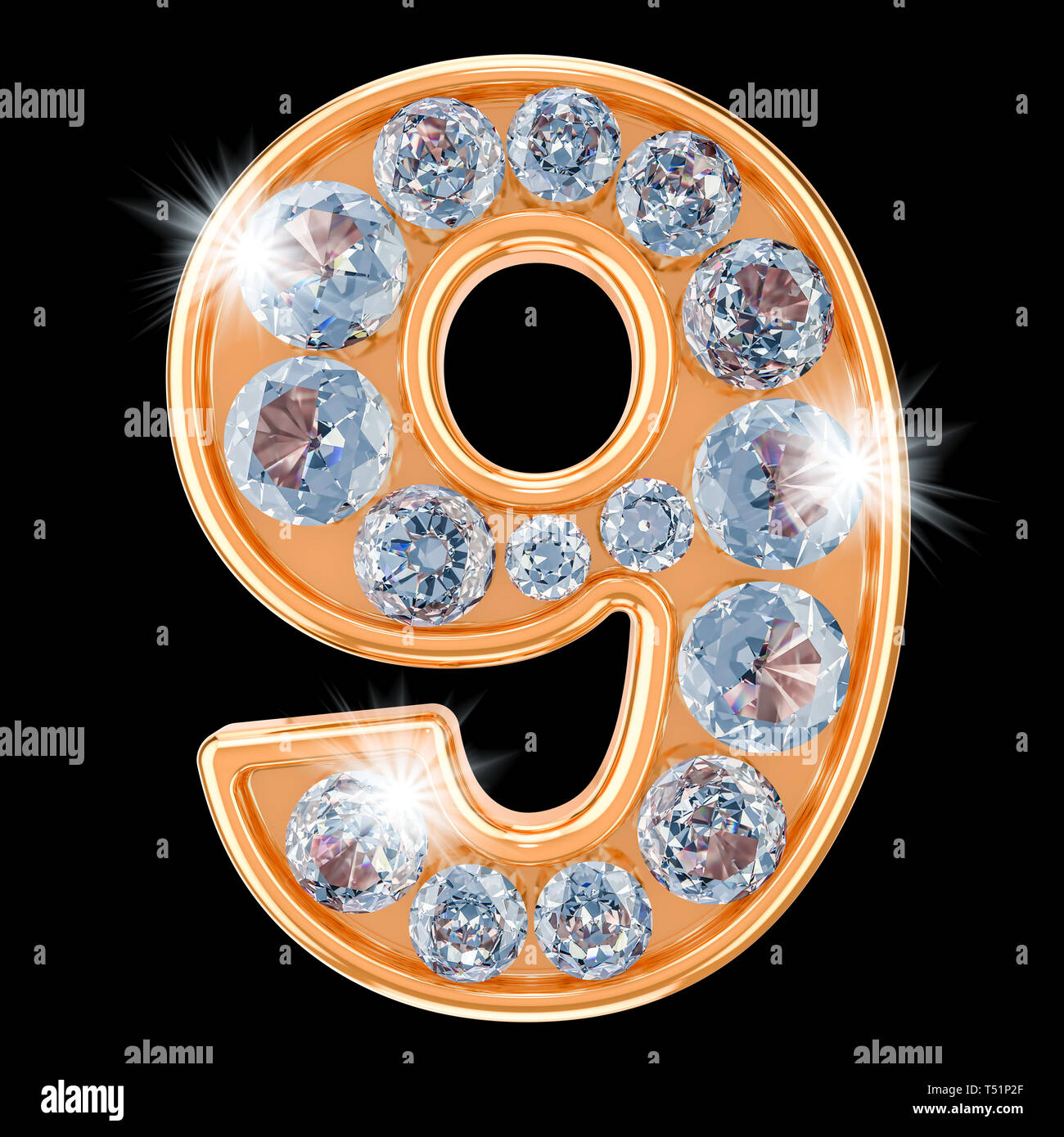 Golden number 9 with diamonds. 3D rendering isolated on black ...