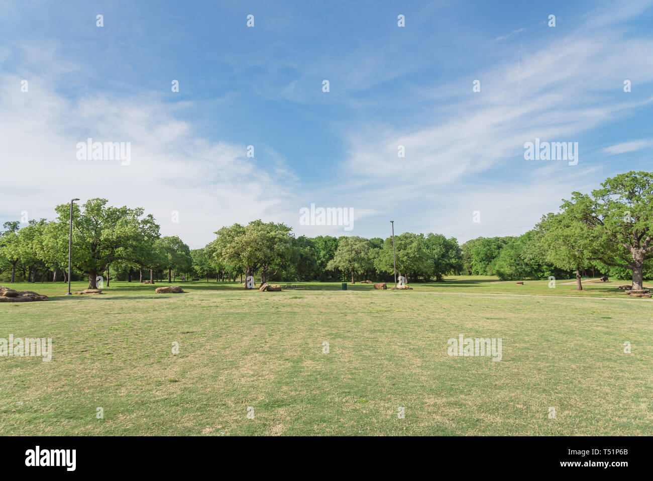 Beautiful park with grassy lawn, trees, decorative landscape rock ...