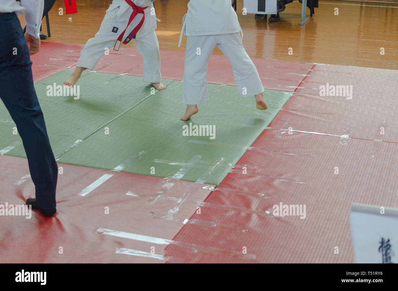 The red and white flags of the judge in the competitions in the aerial ...