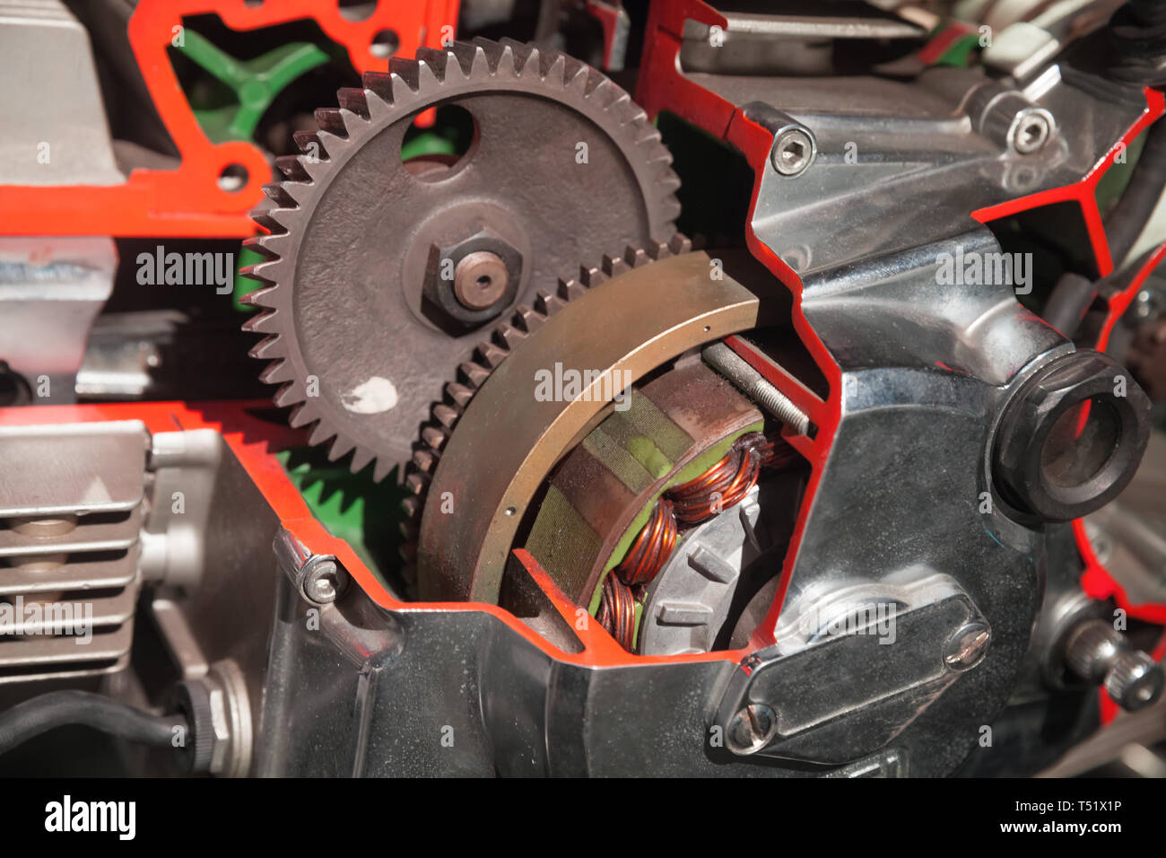Motorcycle engine, close-up photo of model with cross sections ...