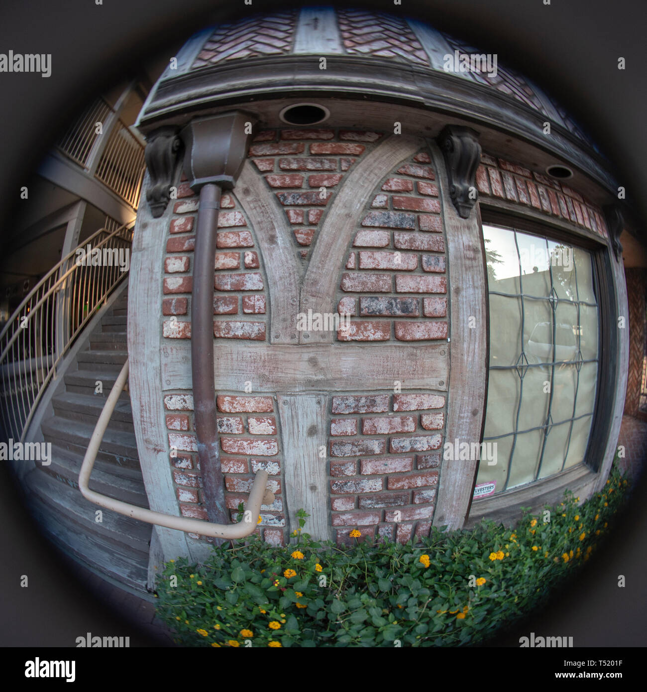 Deign on brick wall of business, planter flower box under windows Stock ...