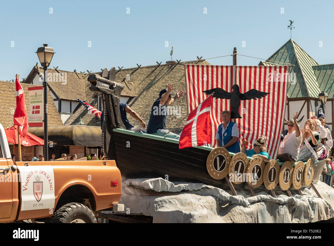 Viking ship float being pulled by truck Stock Photo - Alamy
